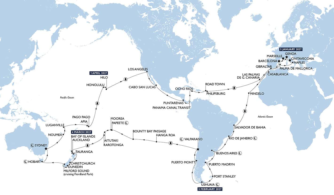 A map of the MSC Cruises 2027 World Cruise | Der Kreuzfahrttester